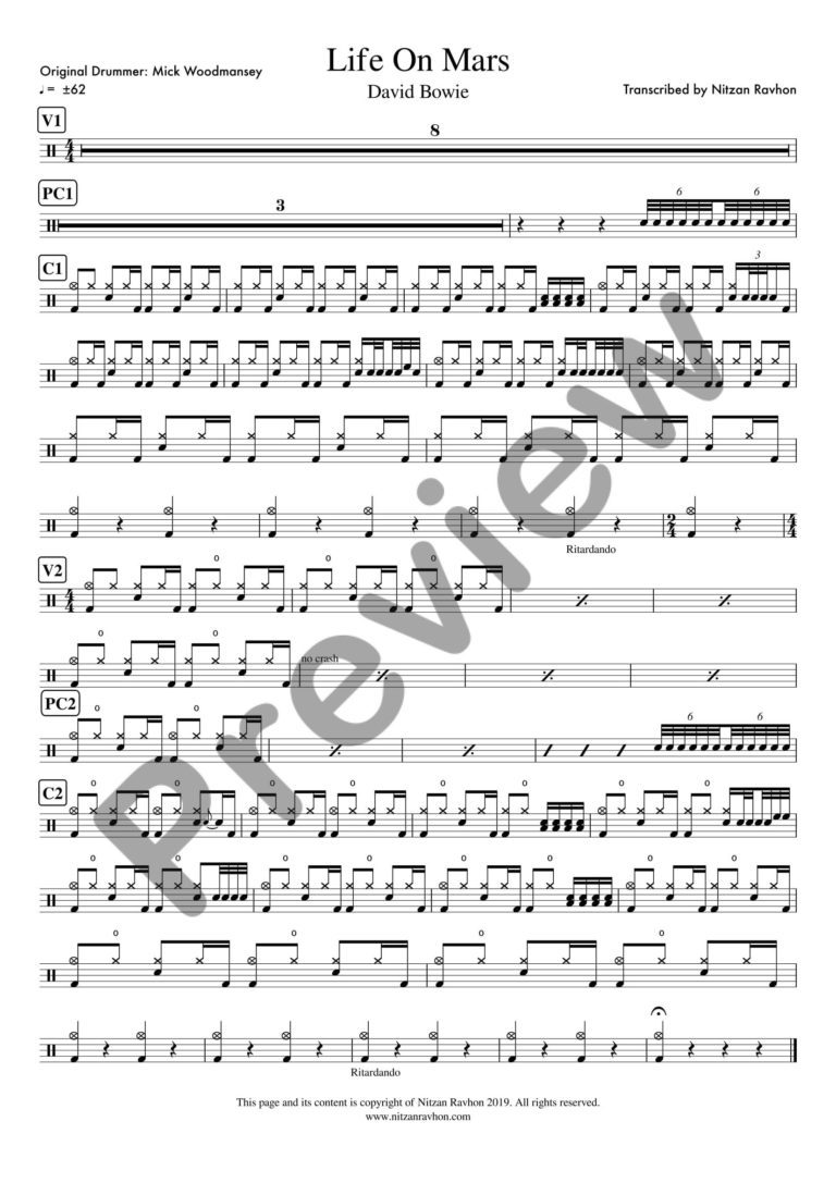 Drum Sheet Music - David Bowie - Life On Mars